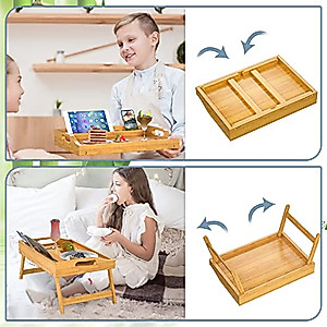 Bed Tray Table with Handles Folding Legs,Bamboo Breakfast Food Tray with Media Slot,Use As Platter,Laptop Desk,Snack,TV Tray Kitchen Serving Tray(Beige,Medium)