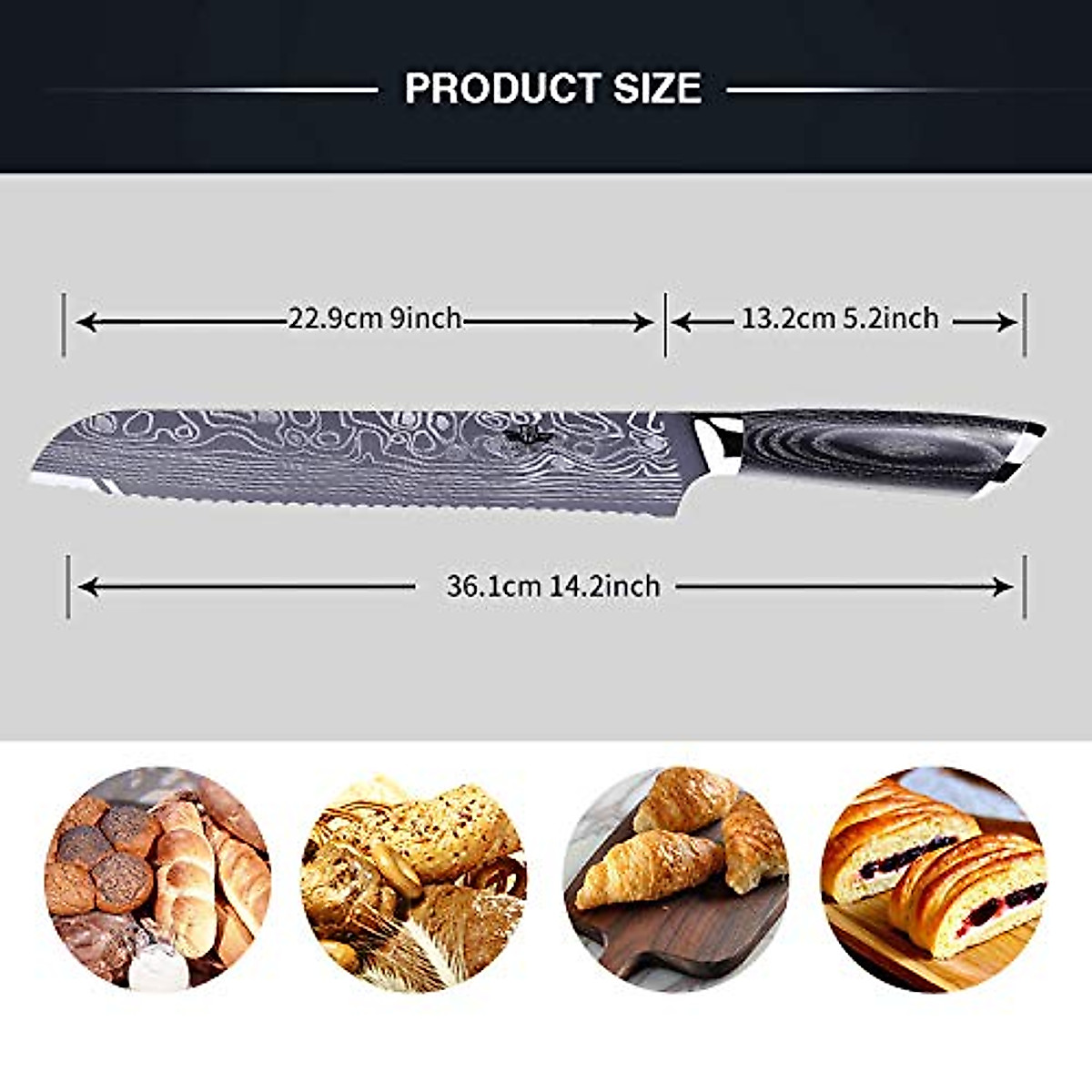 Kitchen Emperor Bread Knife, Serrated Knife 9 inch, Premium German High Carbon Stainless Steel Kitchen Knives with Comfortable Pakka wood Handle