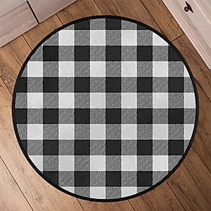 Buffalo Plaid Round Area Rug,Black and White Buffalo Check Large Circle Rugs Non Slip Round Floor Mat Soft Washable Carpet for Living Room Bedroom Indoor Outdoor, 5 ft