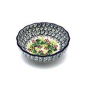 Polish Pottery Bowl - Shallow Scalloped - Small - Holly Berry