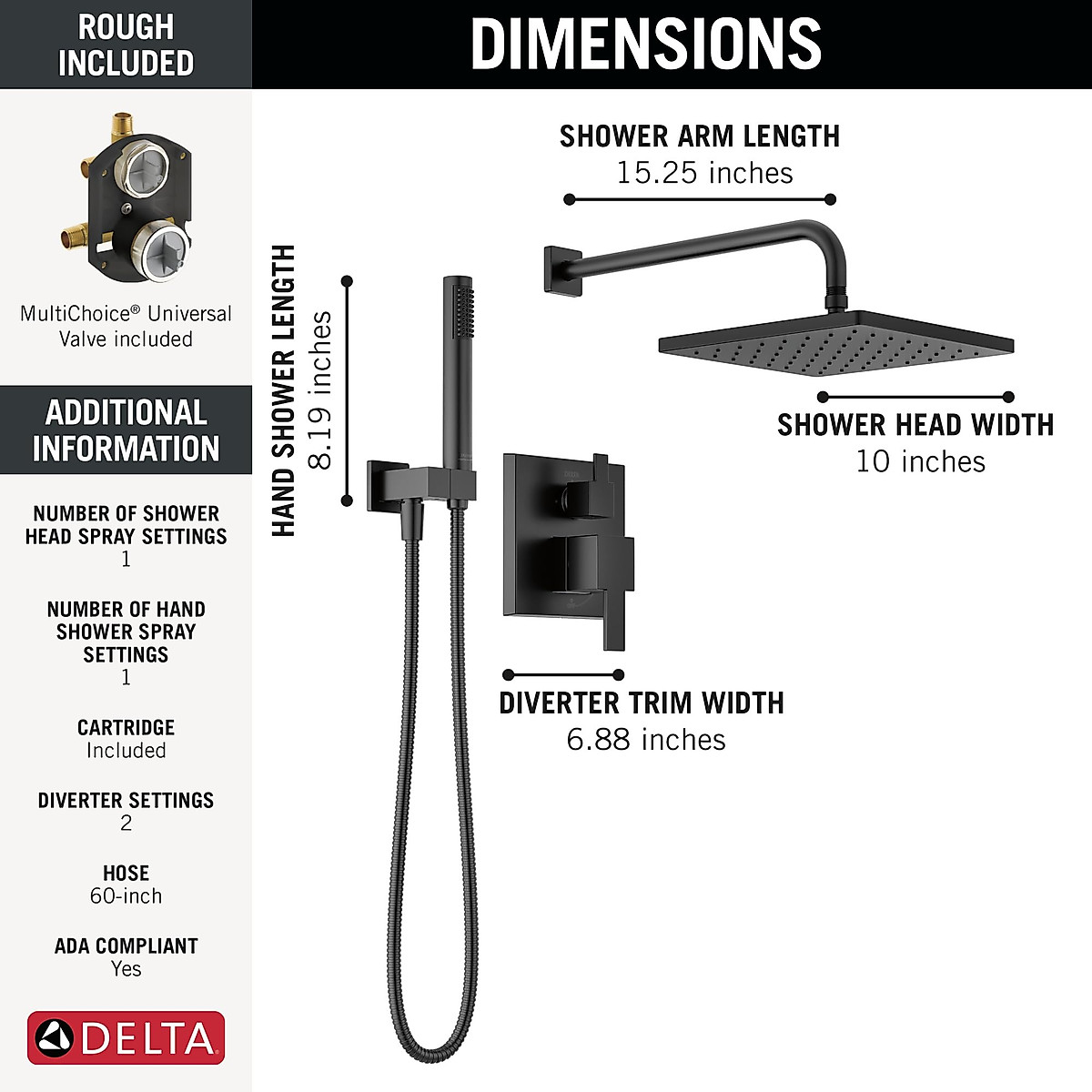 Delta Faucet Modern Raincan 2-Setting Square Shower System Including Rain Shower Head and Handheld Spray Black, Rainfall Shower System Brushed Black, Shower Valve Trim Kit, Matte Black 342701-BL