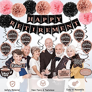 Retirement Decorations Women Rose Gold Happy Retirement Party Decorations Female (52pack) Happy Retirement Banner Gifts, Retirement Decor Double-Sided Pattern Card, Pompoms, Hanging Swirl Retired Sash