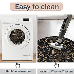 Luxurious Lotus Flower Round Rug 5.2Ft Black Non Slip Round Area Rug for Bedroom Living Room, Soft Throw Rugs Play Rug Circular Area Rugs Circle Playhouse Carpet