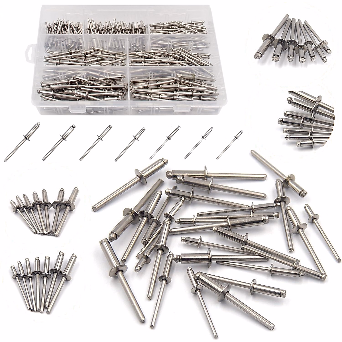 450pcs Stainless Steel Blind Pop Rivets, Stainless Steel Blind Rivets, 1/8" 5/32" 3/16"，7Sizes Pop Rivets Assortment Kit(Silver)