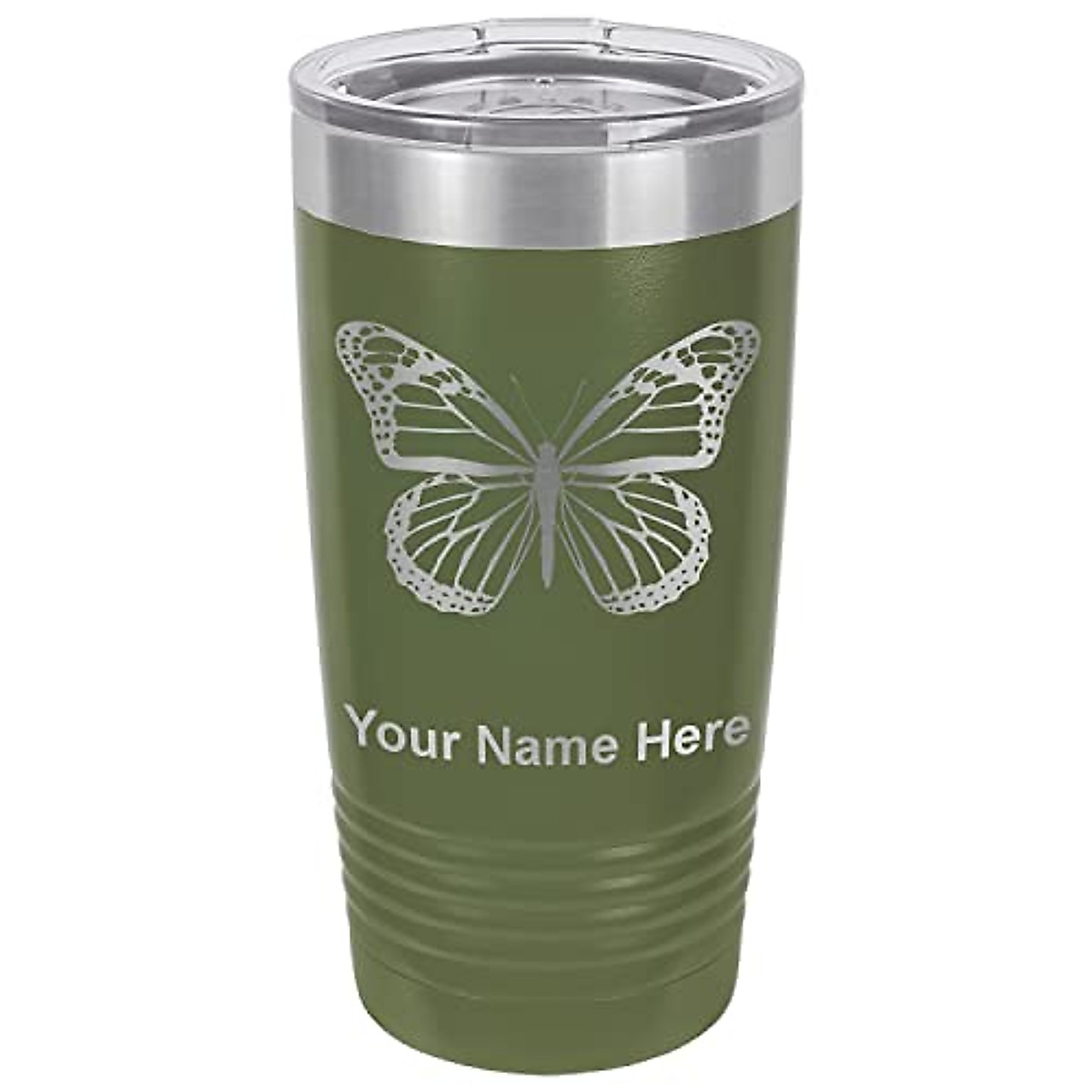LaserGram 20oz Vacuum Insulated Tumbler Mug, Monarch Butterfly, Personalized Engraving Included (Camo Green)