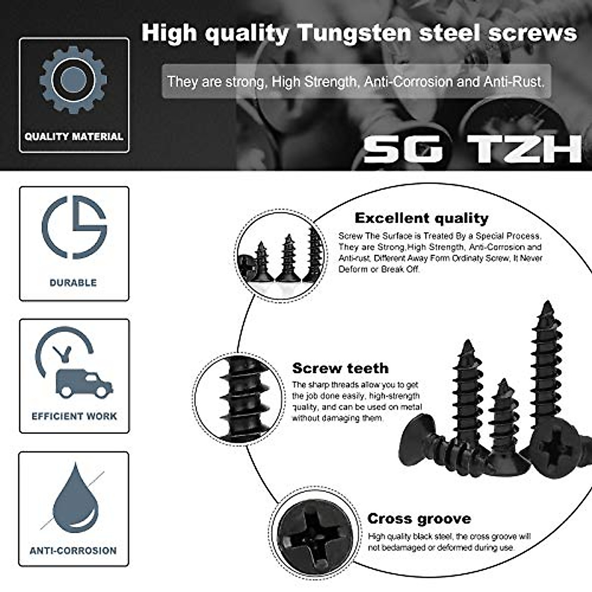 #8 Drywall Screws 250PCS Black Carbon Steel Flat Head Fast Self Tapping Drywall Screws,Wood Screws,Wood Screws Assortment Set by SG TZH