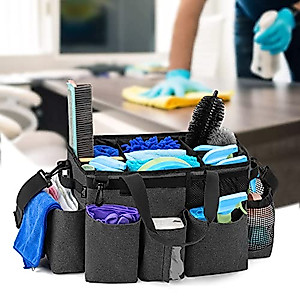 LoDrid Wearable Cleaning Caddy Bag with 4 Foldable Dividers, Cleaning Supply Tote for Cleaning Supplies, Cleaning Organizer with Shoulder Strap and Side Handles for Cleaners & Housekeepers, Black