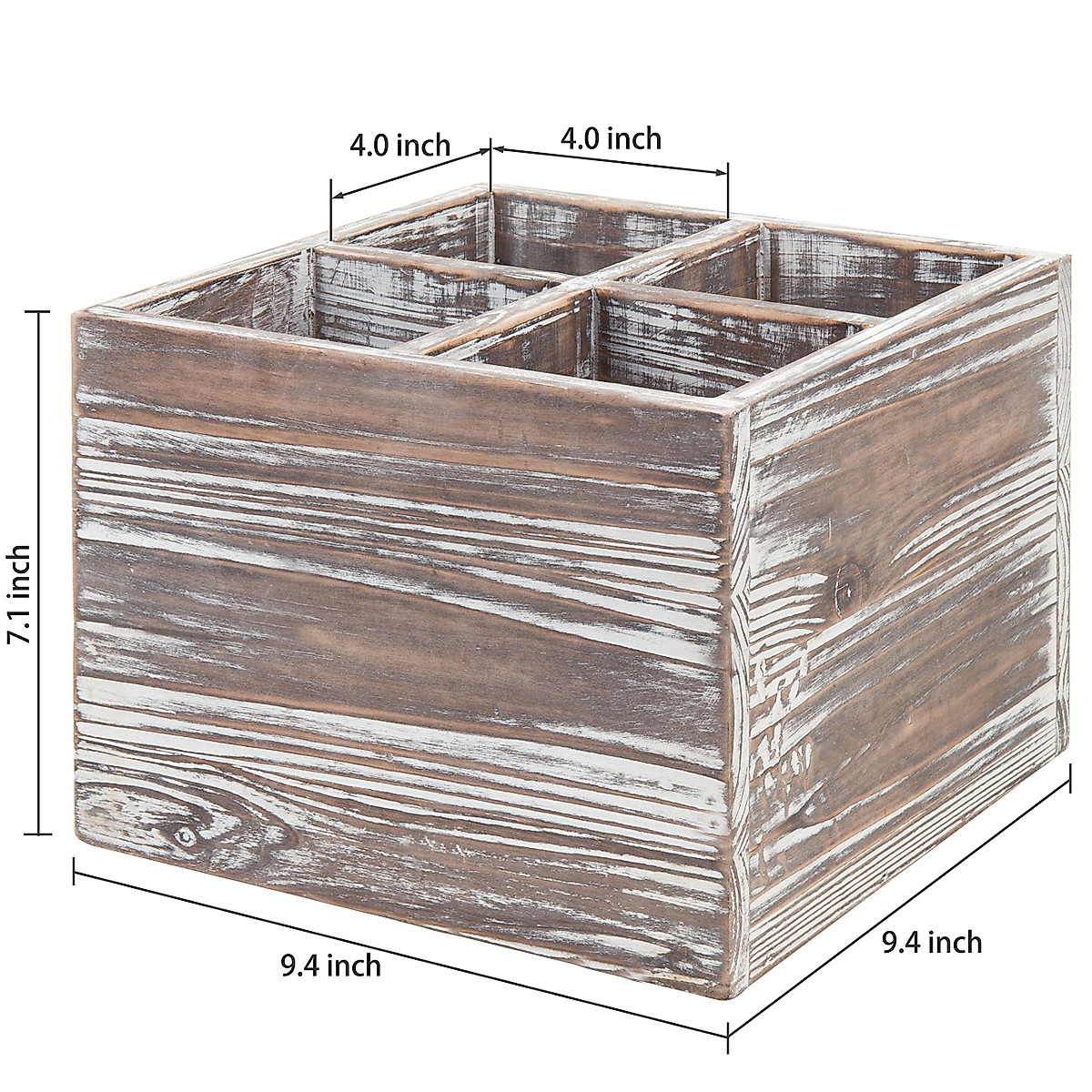 MyGift Rustic Torched Wood Square Cooking Utensil Holder for Kitchen Counter Organizer, Flatware Storage Caddy with 4 Divided Compartments
