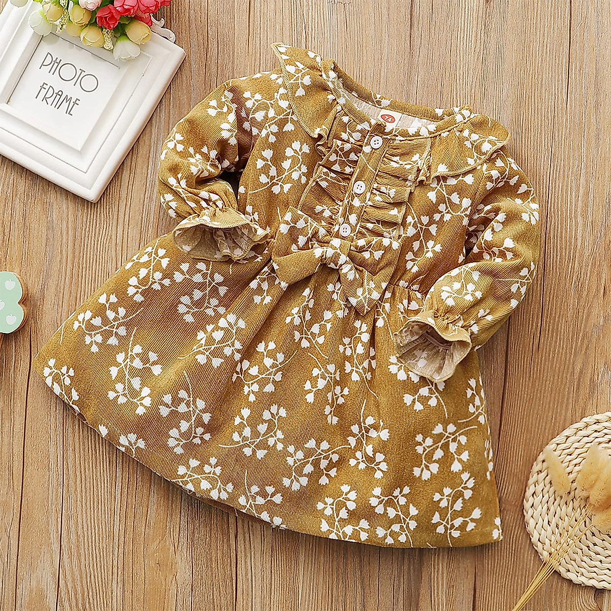 Newborn Baby Girl Fall Winter Corduroy Dress Ruffle Long Sleeve Floral Dresses Infant Flower Clothes (Brown, 0-3 Months)