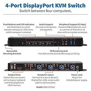 Tripp Lite 4 Port DisplayPort USB KVM Switch, Quad Port DP USB KVM Switch, 4K 60 Hz, HDR, HDCP 2.2, DP 1.4, USB 3.0 Cables, Black (B005-DPUA4)