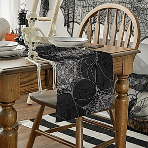 PROCIDA Halloween Spider Web Table Runner Fall Black Burlap Table Runners Autumn Rustic Kitchen Dinning Decor for Holiday Home Party Indoor Outdoor 13x72 Inch