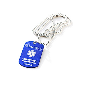 Dynotag® SuperAlertID Smart Military Style Medical ID/Emergency Information Anodized Aluminum Pendant & Chain Set, with DynoIQ™ & Lifetime Service. Blue (Blue)