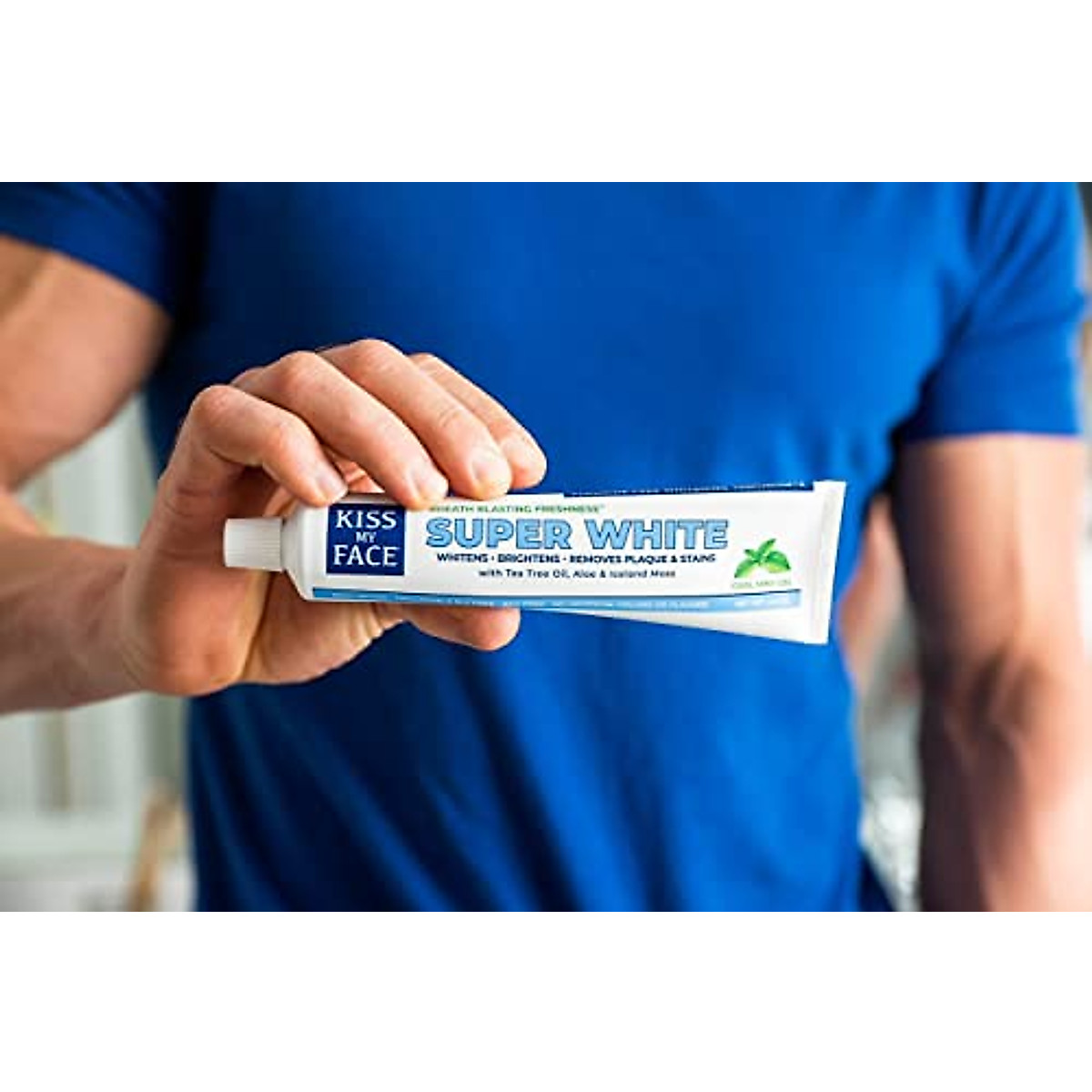 Kiss My Face Super White Cool Mint Gel Toothpaste, SLS And Fluoride Free, Removes Plaque And Prevents Tartar, With Added Tea Tree Oil, Aloe And Iceland Moss, 4.5 Oz