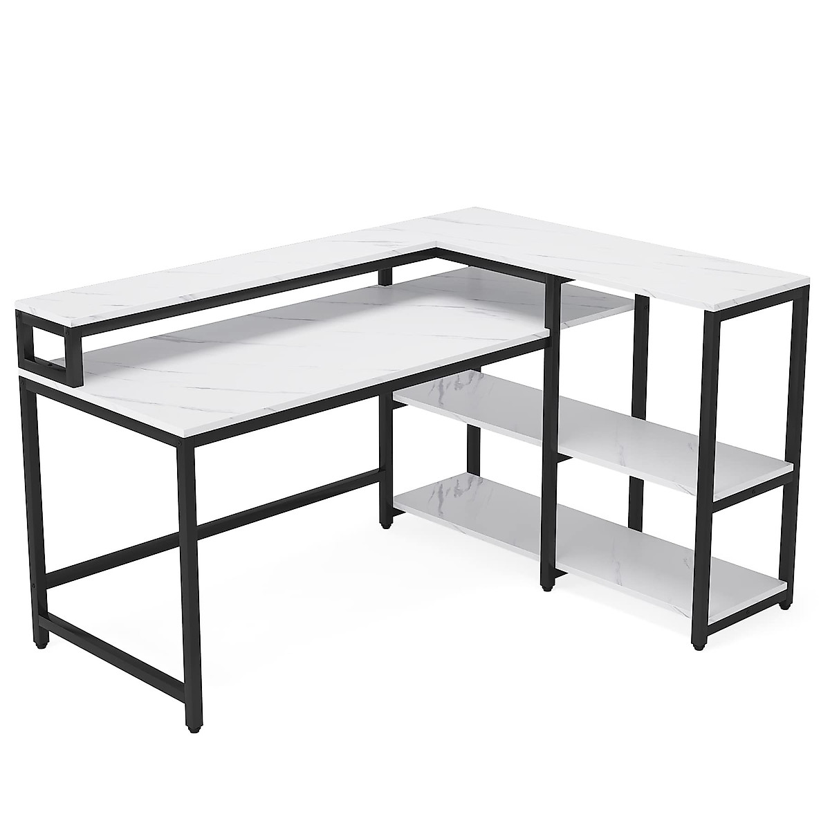 LITTLE TREE Reversible L Shaped Computer Desk with Storage Shelf, Industrial Corner Desk with Monitor Stand for Home Office