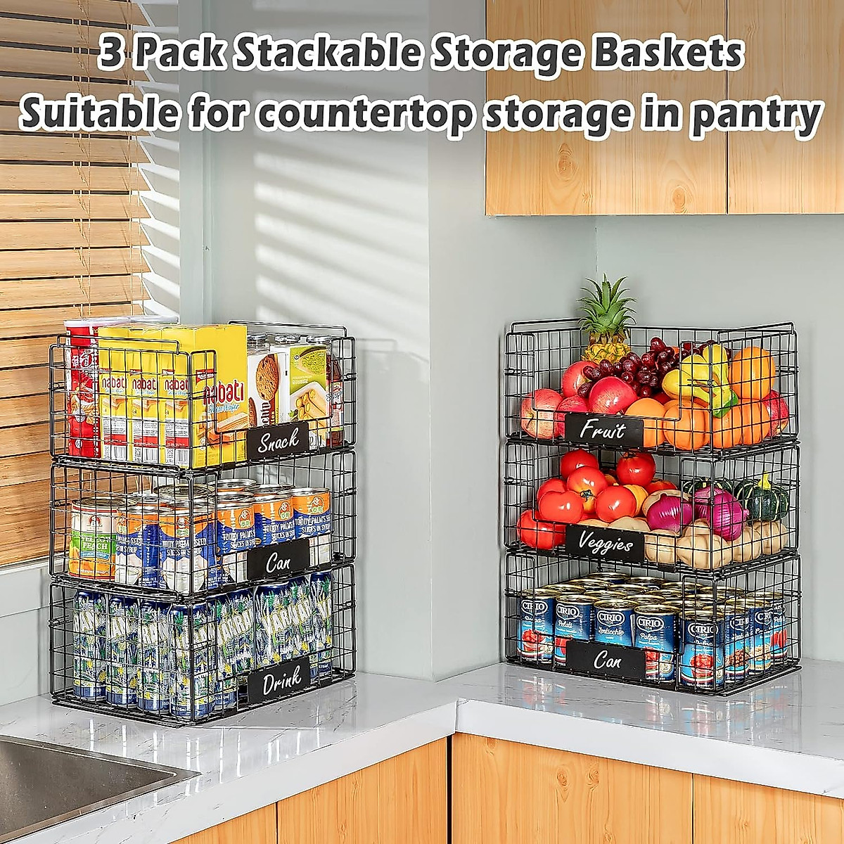 JKsmart 3 Pack XXL Stackable Wire Baskets with Handles for Pantry Storage and Organization, Fruit and Vegetable Basket with Name Plates, Metal Storage Bins for Snack Can Fruit Veggies