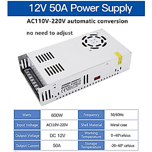 DC 12V 50A 600W Power Supply Adapter Transformer Switch AC 110V / 220V to DC 12V 20amp Switching Converter LED Driver for LED Strip Light CCTV Camera Security System Radio,Computer Project,3D Printer