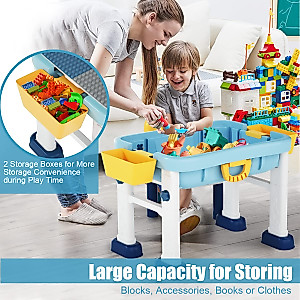HONEY JOY 6-in-1 Kids Activity Table, Large & Small Size Blocks Compatible w/Classic Blocks, Adjustable Height, Water Table & Sand Table & Dry Erase Easel w/Marker, Kids Play Table with Storage