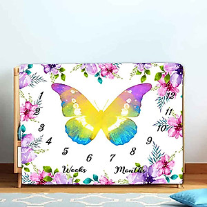 LYLYCTY Baby Monthly Milestone Blanket, Month Blanket for Newborn Baby Shower, Butterfly Design Photography Background for Baby 60x40 inches BTZYLY4