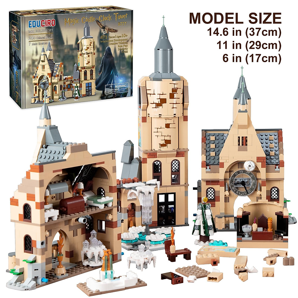 Under the Baubles Harry Castle Clock Tower Building Toy Set with Dumbledore Office Building, Magic Castle Architecture Model for Boys and Girls, Gift Ideas for Potter Fans Kids Aged 8-14 (871 PCS).