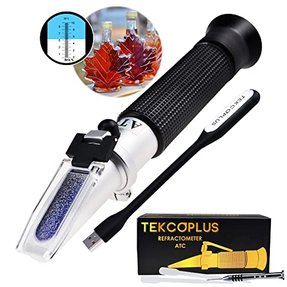 0-10% Brix Refractometer for Testing Sugar Content Maple sap Syrup, Low-Concentrated Sugar Solutions, Tea, Portable Hand Held Sugar Content Measurement with ATC Function and LED Light, pipettes