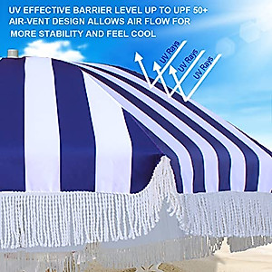 AMMSUN 7.5ft Heavy Duty Beach Umbrella with Fringe Tassel windproof UPF 50+ Blocks UV Commercial Grade White Boho Beach Umbrella with Air Vent Premium Wood Pole & Carry Bag