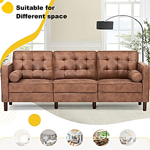 Lesofair 84" Faux Leather 3 Seater Sofa with 2 Bolster Pillows, Tufted Sofa with Wooden Legs, Mordern Couch for Living Room, Office, Apartment, Brown