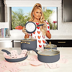 Paris Hilton Epic Nonstick Pots and Pans Set, Multi-layer Nonstick Coating, Tempered Glass Lids, Soft Touch, Stay Cool Handles, Made without PFOA, Dishwasher Safe Cookware Set, 12-Piece, Charcoal Gray