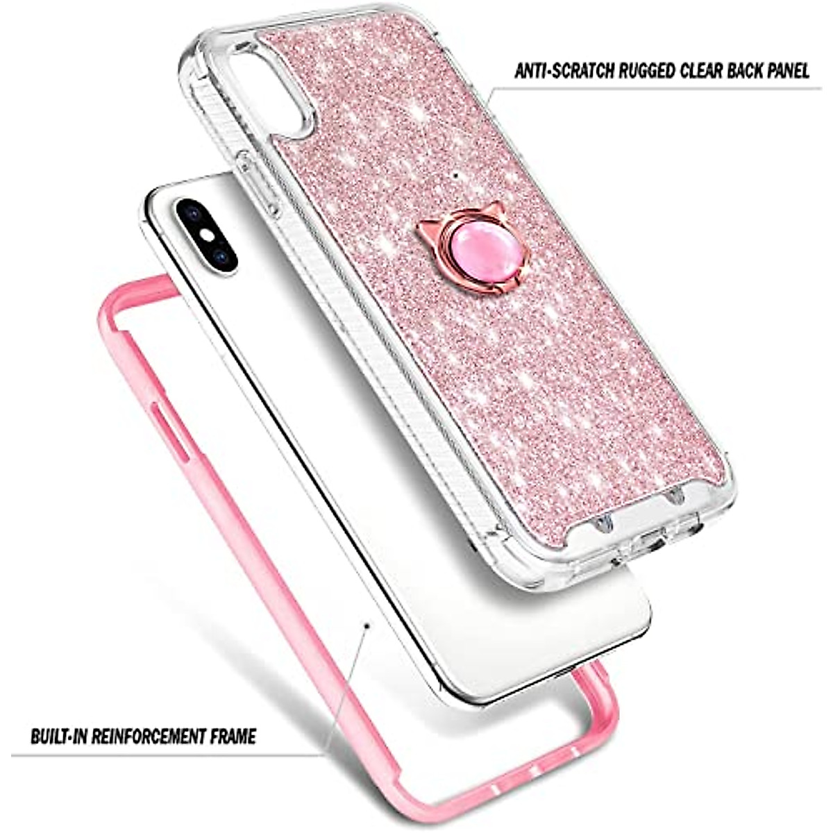 NGB Supremacy Compatible with iPhone XR Case with [Built-in Screen Protector] Ring Holder/Wrist Strap, Full Body Protection Slim Fit Shockproof Bumper Durable Case Cover (Rose Gold)