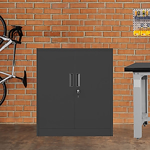 iJINGUR Metal Storage Cabinet with Locking Doors and 2 Adjustable Shelves, Small Lockable Steel Storage Cabinets for Garage Home Office Basement Pantry Classroom and Workshop (Black)