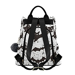 Vintage Bats Print Casual Backpack for Women, Fashion Anti Theft School Travel Backpack Purse 15 inch Full print Aesthetic with Fuzz Ball Key Chain Black