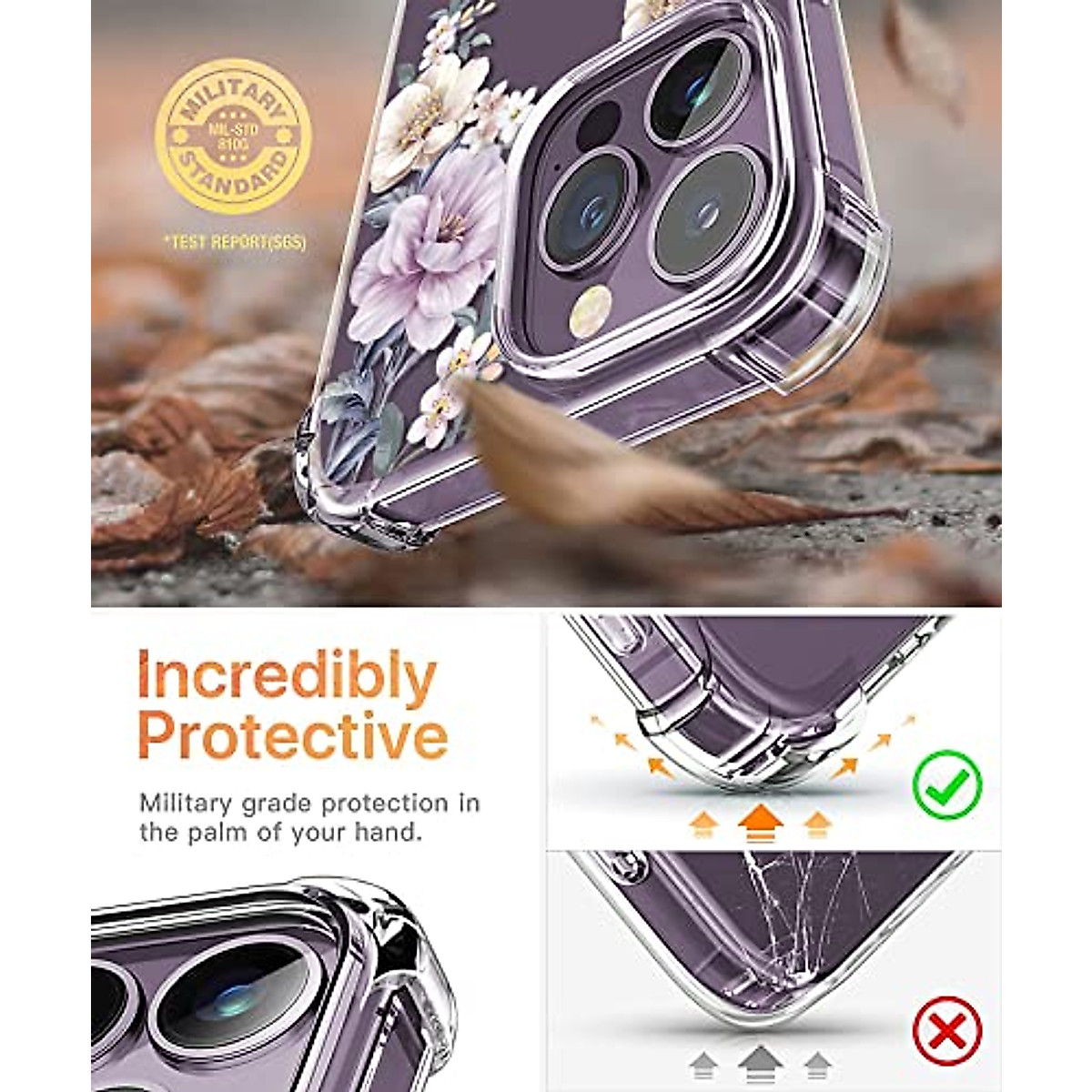 ROSEPARROT Designed for iPhone 14 pro max Case with Tempered Glass Screen Protector + Camera Lens Protector, Clear with Floral Pattern Design, Shockproof Protective Cover （Anemone Blooms）