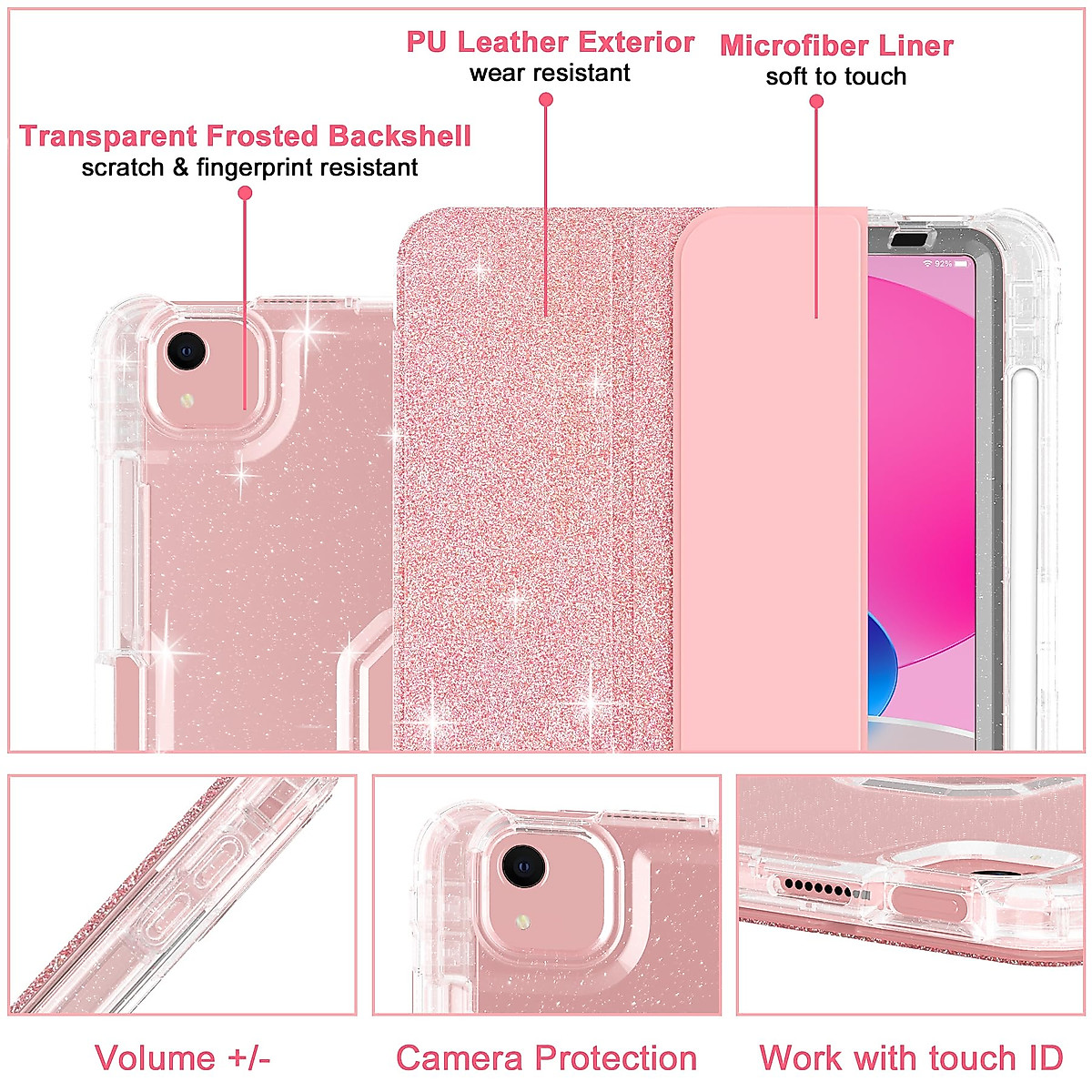 iPad Air 11 Inch Case 2024, iPad Air 5th/4th Gen Case 2022/2020 10.9 Inch with Pencil Holder, Auto Wake/Sleep, Sparkly Glitter Trifold Stand Leather Cover with Shiny Clear TPU Back, Rose Gold