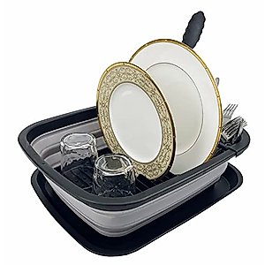 SAMMART 8L (2.11Gallons) Collapsible Dish Drainer with Drainer Board - Foldable Drying Rack Set - Portable Dinnerware Organizer - Space Saving Kitchen Storage Tray (Black/Alloy Grey)