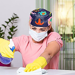 2 PCS Working Cap with Buttons and Sweatband Unisex Adjustable Tie Back Hats Bouffant Caps Cute Cartoon Boho Elephant Water Spray Sunflower Scrub Hat Turban Cap