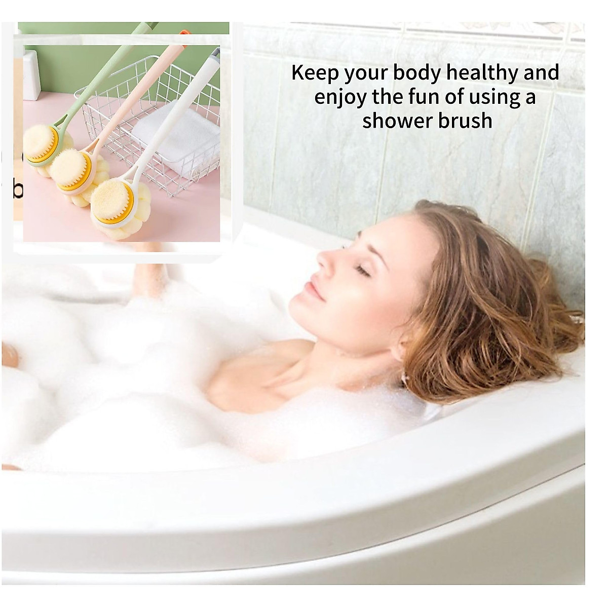 Back Scrubber for Shower, Body Scrubber with Soft Bristles and Loofah, Dual-Sided Long Handle Bath Brush Skin Exfoliator Wet or Dry Body Brush, for Men Women, Anti Slip Handle, Shower Back Washer