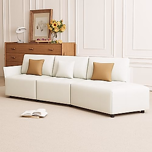 BAMOOLI 120'' Leather Curved Sectional Couches, Mid-Century Modern Leather Sectional Sofa Couches with 3 Pillows, Modular Sectional Couch Real Leather Sofas for Living Room, Bedroom, Apartment, Beige