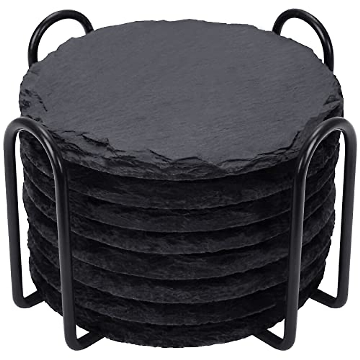 Slate Drink Coasters with Metal Holder, GOH DODD 4 Inch 8 Pieces Black Stone Coasters Bulk Cup Coaster Set for Bar Kitchen Home Apartment, Round
