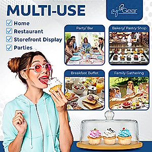 Wooden Cake Stand - Round Rotating Turntable Cake Stand with Glass Dome - Pedestal with Revolving Base for Decorating and Display