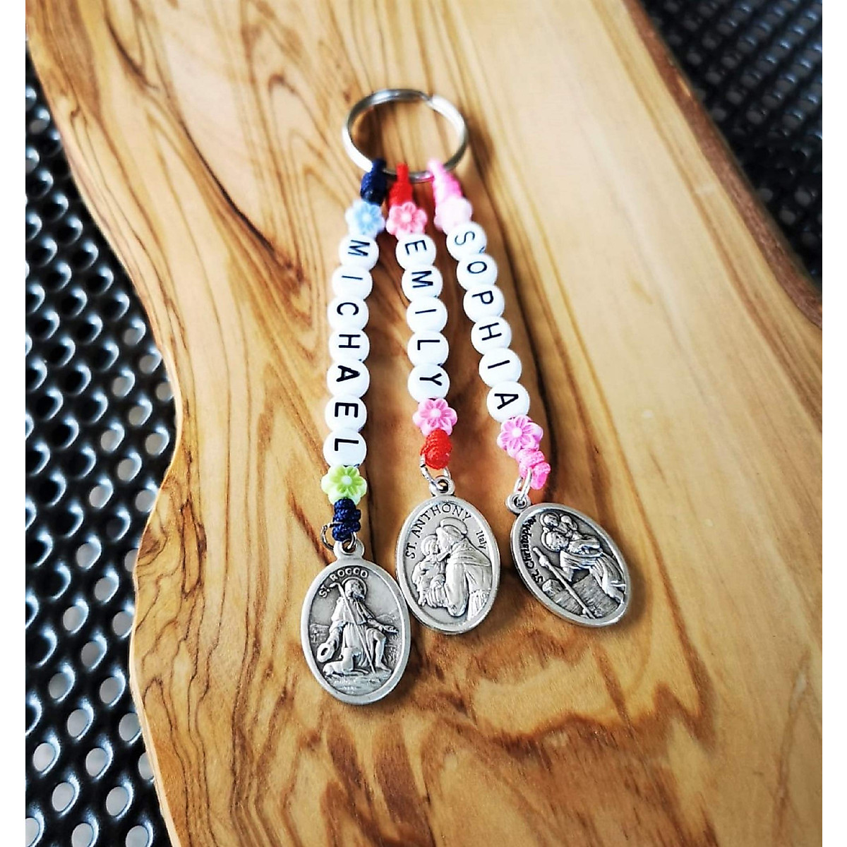 Custom Backpack Name Tags with Catholic Saint Medals - Personalized Bag Nametag