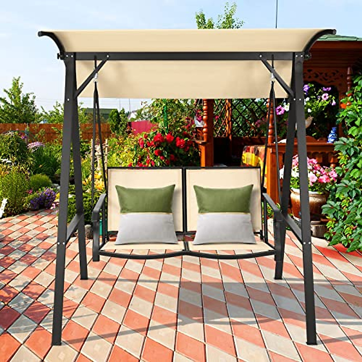 Tangkula 2-Person Patio Swing, Weather Resistant Porch Swing with Adjustable Canopy, Steel Frame, Outdoor Modern Canopy Swing with Handrails, Suitable for Porch Garden Poolside (Coffee)