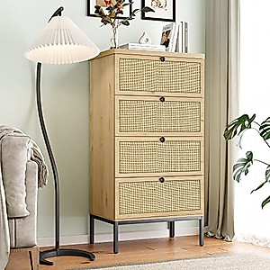 Modern Rattan 4 Drawer Dresser for Bedroom, Industrial Wood Tall Chest of Dressers with Handmade Natural Rattan Drawers, Storage Tower with Sturdy Steel Legs for Closet Living Room
