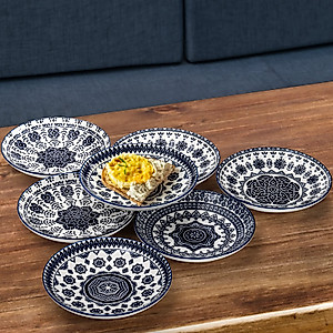Foraineam 8 Pack Porcelain Salad Plates, 6-3/4 inch Blue and White Floral Shallow Round Serving Plate for Appetizer Salad Dessert and Snack, Microwave & Dishwasher Safe