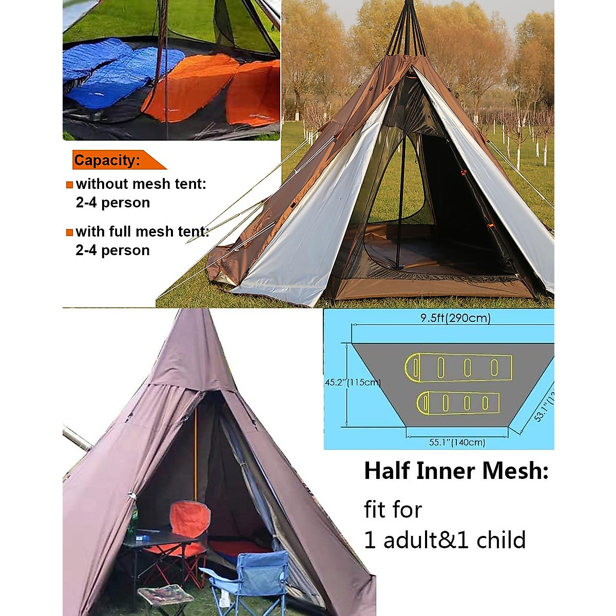 WINTENT 4 Season Teepee Tent with Stove Jack for Camping Hiking, Height 7.8FT/240CM (Brown, with Full Mesh Tent)