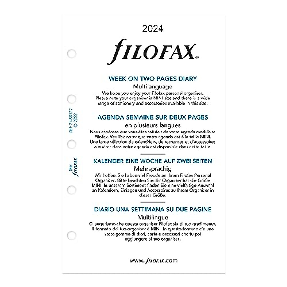 Filofax Calendar Diary Refill, Mini Size, Week-to-View, White Paper, Unruled, Multilingual: Four Languages, 2024 (C68127-24)