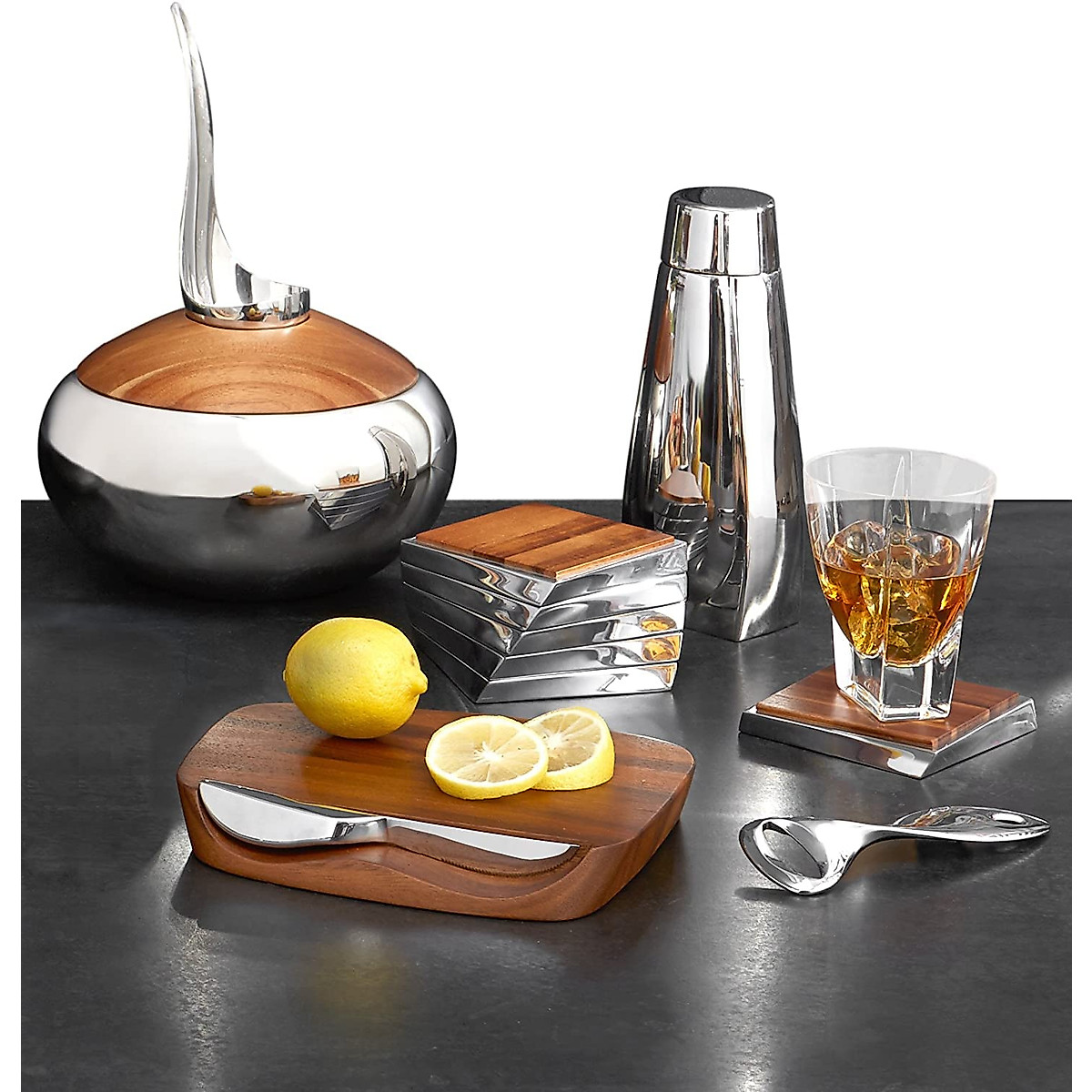 nambe Twist Coaster 6-Piece Set | Wooden Drinks Coasters for Tabletop Protection | Made of Acacia Wood and Metal Alloy | Unique Sculptural Design for Coffee Table or Bar Décor | 4.25 Inches