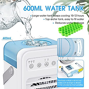 Portable Air Conditioner, 90° Oscillating Evaporative Personal Air Cooler Humidifier with 4 Wind Speeds, Timer & LED Light, USB Quiet Fast Cooling Fan for Home, Office, Bedroom, Car, Camping - White