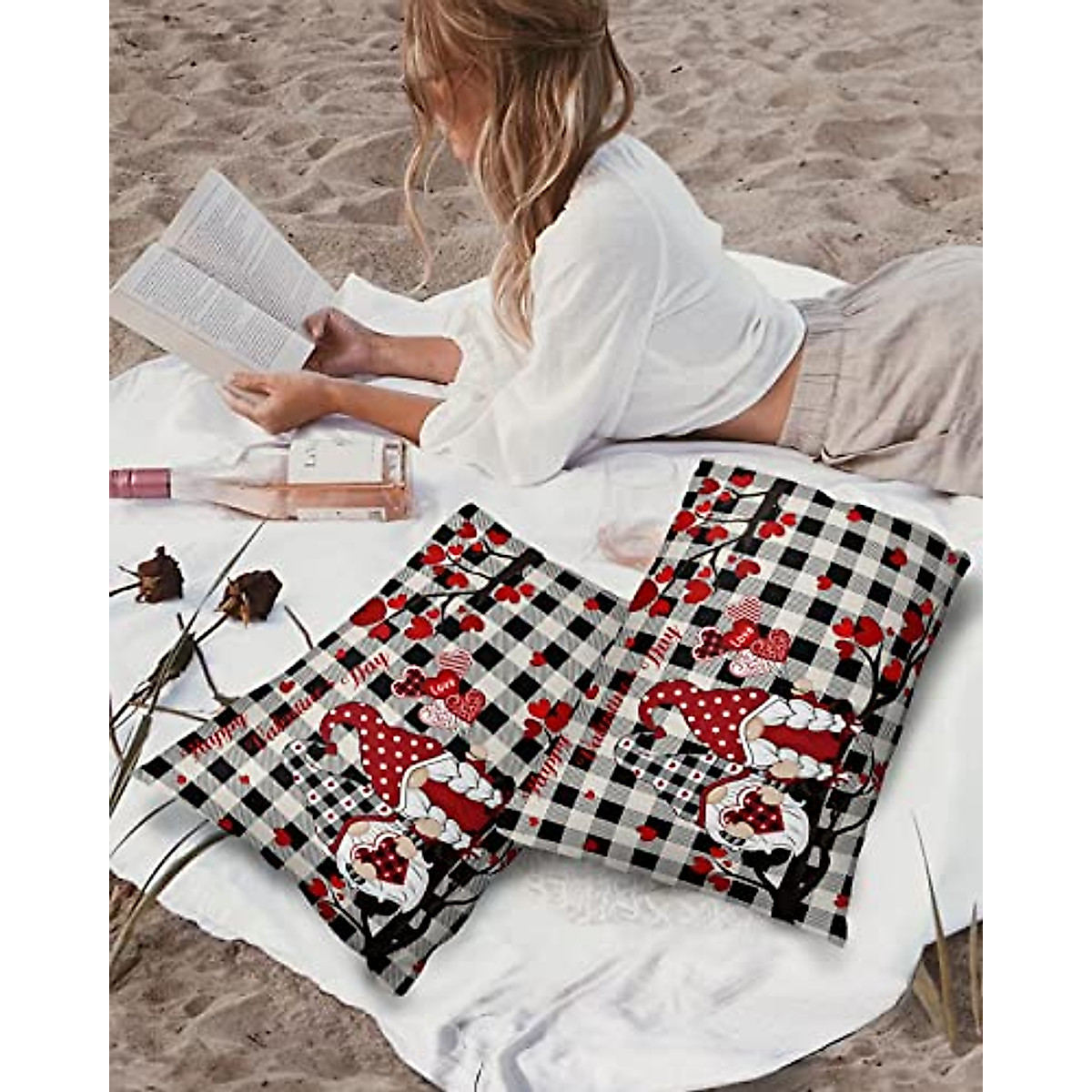 LEOSUCRE Pack of 2 Waterproof Decorative Pillow Covers, Valentines Day Plaid Throw Pillow Covers Rectangle Pillowcases Cushion Covers for Couch Patio Garden 20x12 Inch Love Gnome Tree Black and White