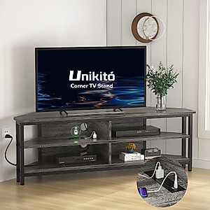 Unikito Corner TV Stand with Power Outlet, Corner Entertainment Center Media TV Console Table with 4 Open Storage Cabinet Shelve Wood TV Stand for Living Room for 55 inch TV, Gray Oak