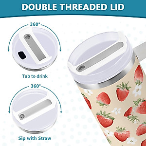 Jihqo Watercolor Strawberry White Floral 40 oz Stainless Steel Vacuum Insulated Tumbler with Handle and Straw Lid, Leakproof Water Bottle Double Wall Travel Mug Coffee Cup, Cupholder Friendly