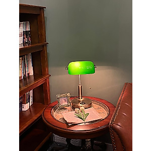FIRVRE Glass Bankers Desk Lamp USB Wireless Charging Port LED Desk Lamp Classic Retro Pull Chain Switch Table lamp Reading Modern for Home Office nightstand Bedside Study Desk Library (Green)